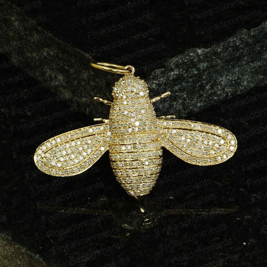 Bee Insect Pendant Solid 14k Yellow Gold Charm Pendant Pave Diamond ...