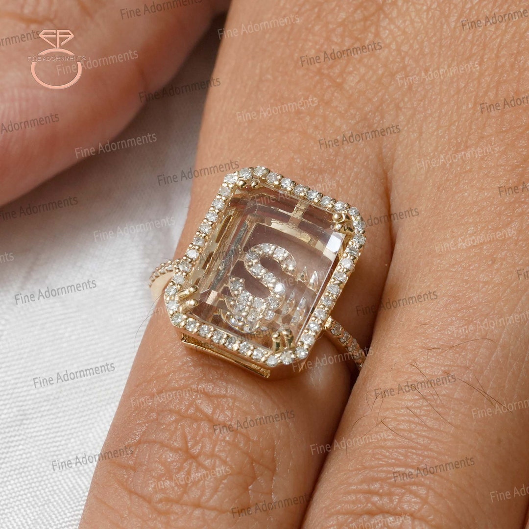 Solid 14k Gold Crystal S Initial Ring Pave Diamond Unisex Gift Handmade ...