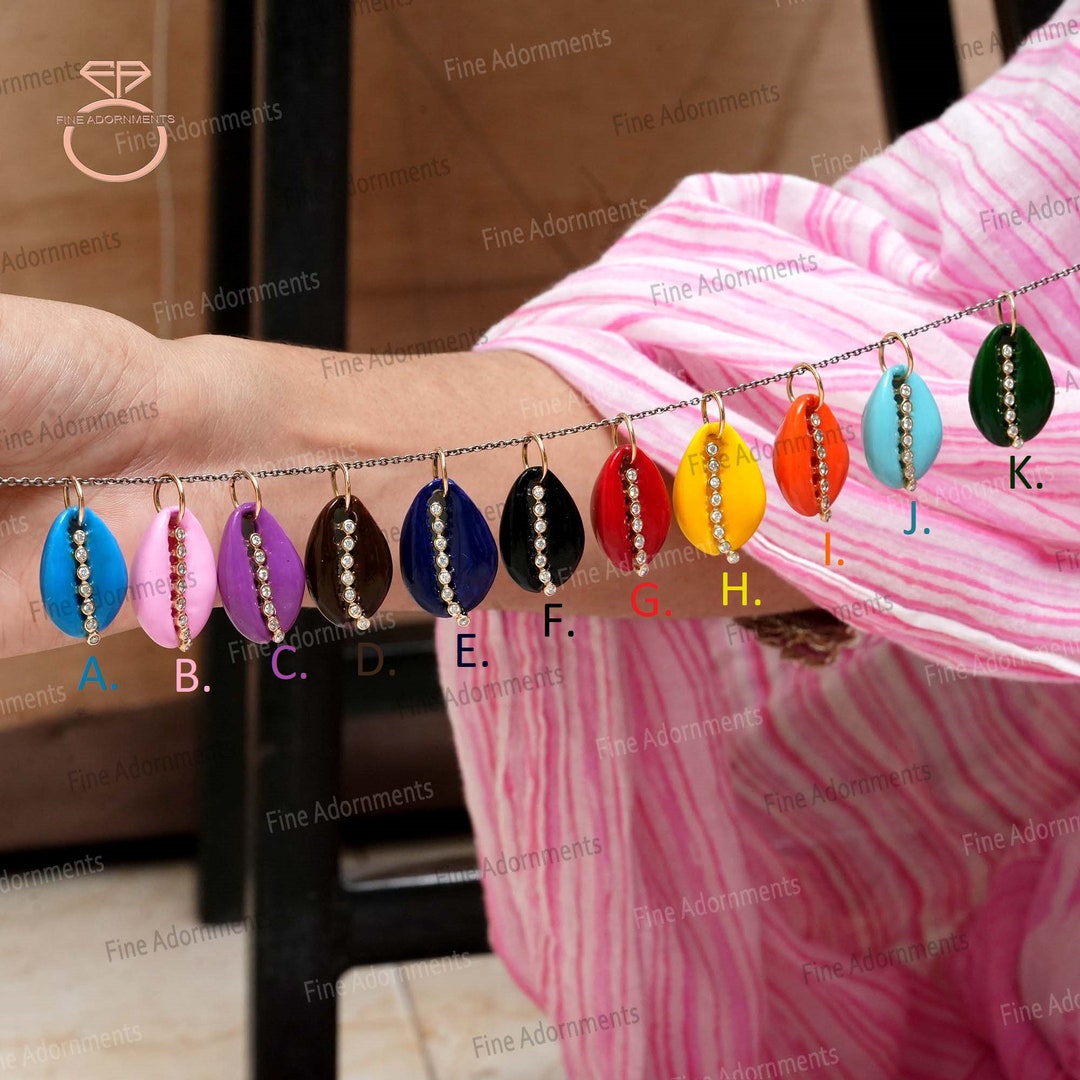 Natural Diamond Shell Pendant 14k Gold Enamel Cowrie Shell Pendant ...