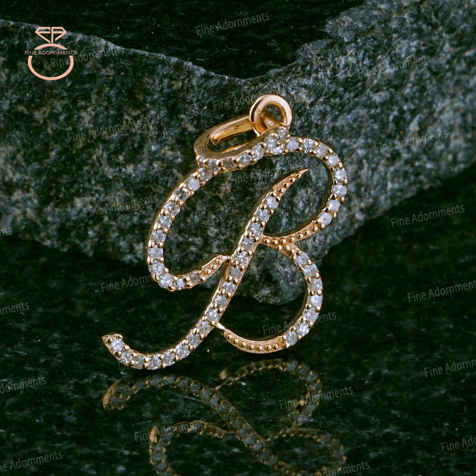 Solid 14k Gold Small B Initial Pendant Pave Diamond Jewelry Gold Charm ...
