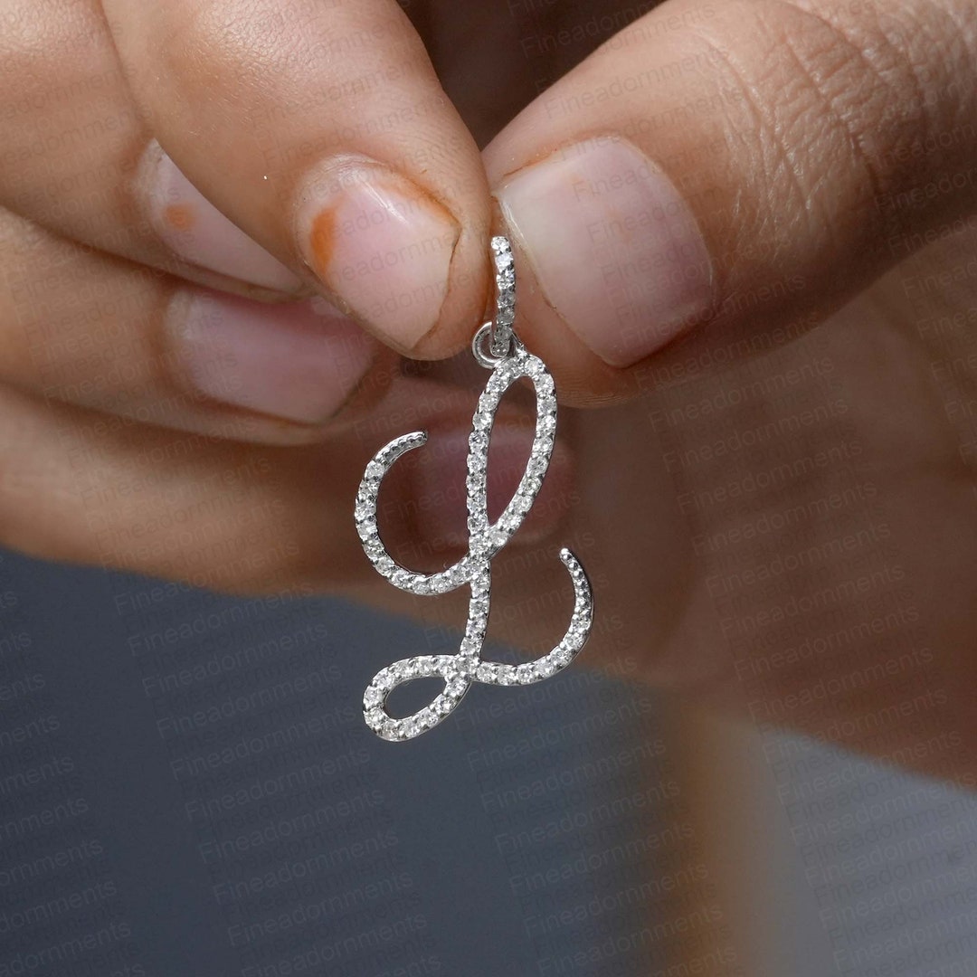 Solid 14k White Gold L Initial Pendant, Pave Diamond L Letter Jewelry ...
