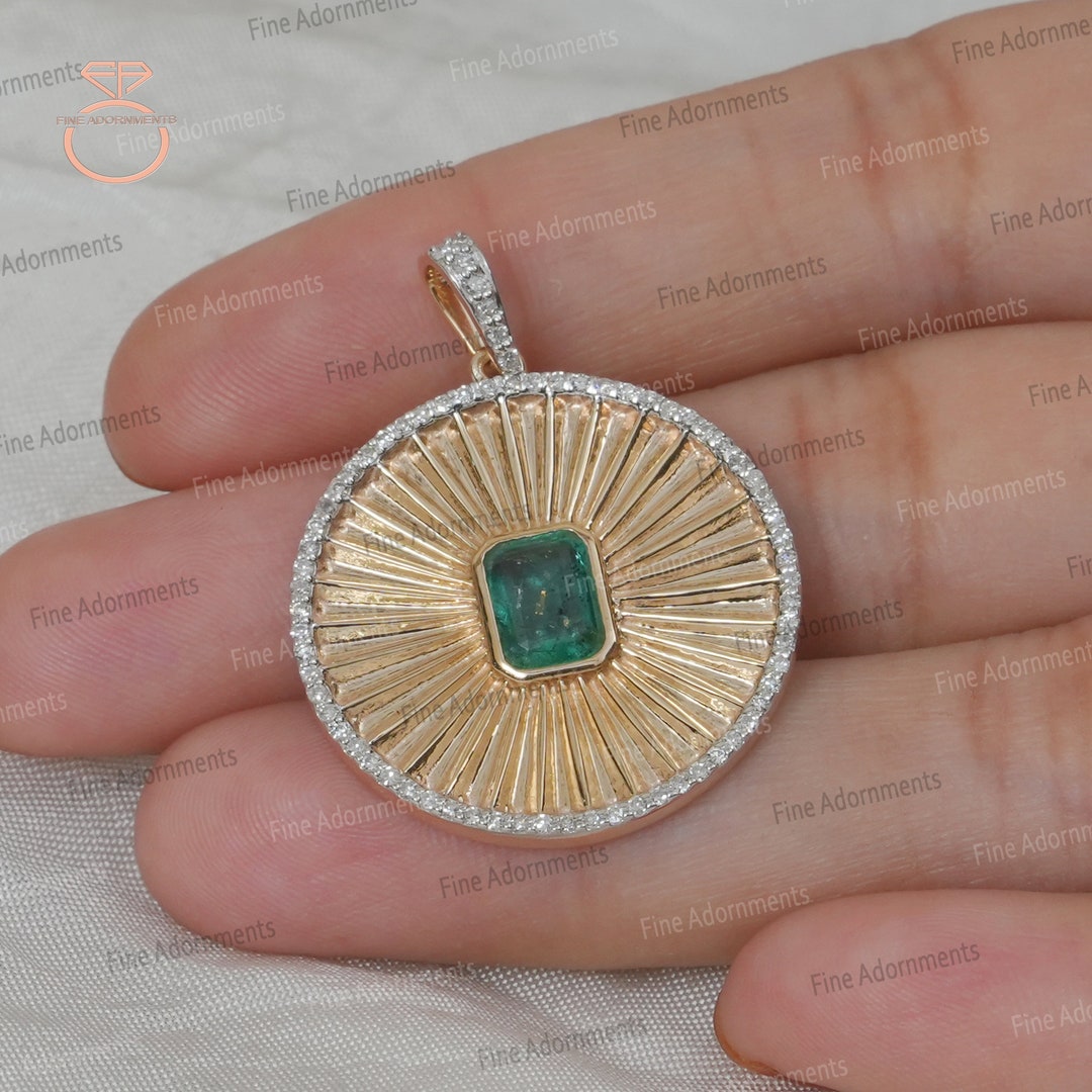 Pave Diamond Solid 14k Yellow Gold Disc Pendant Natural Emerald Jewelry ...