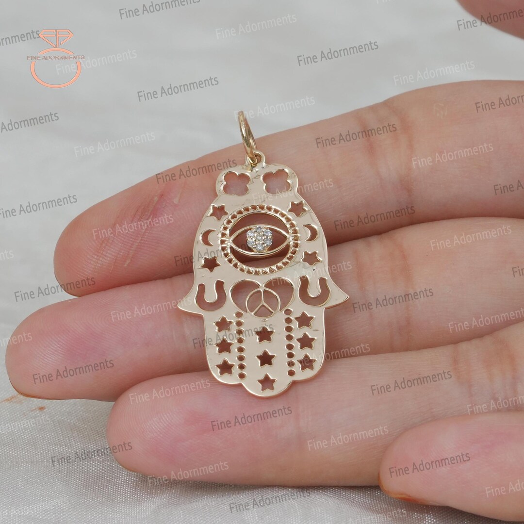 Solid 14k Yellow Gold Hamsa Pendant Pave Diamond Hand of Fatima ...