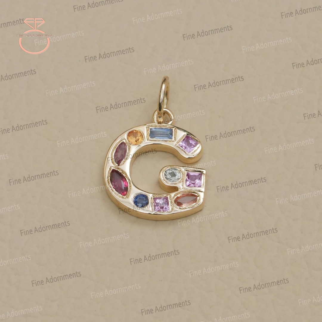 Natural Multi Sapphire Solid 14k Yellow Gold G Initial Pendant Gold Charm Jewelry Unisex Gift ...