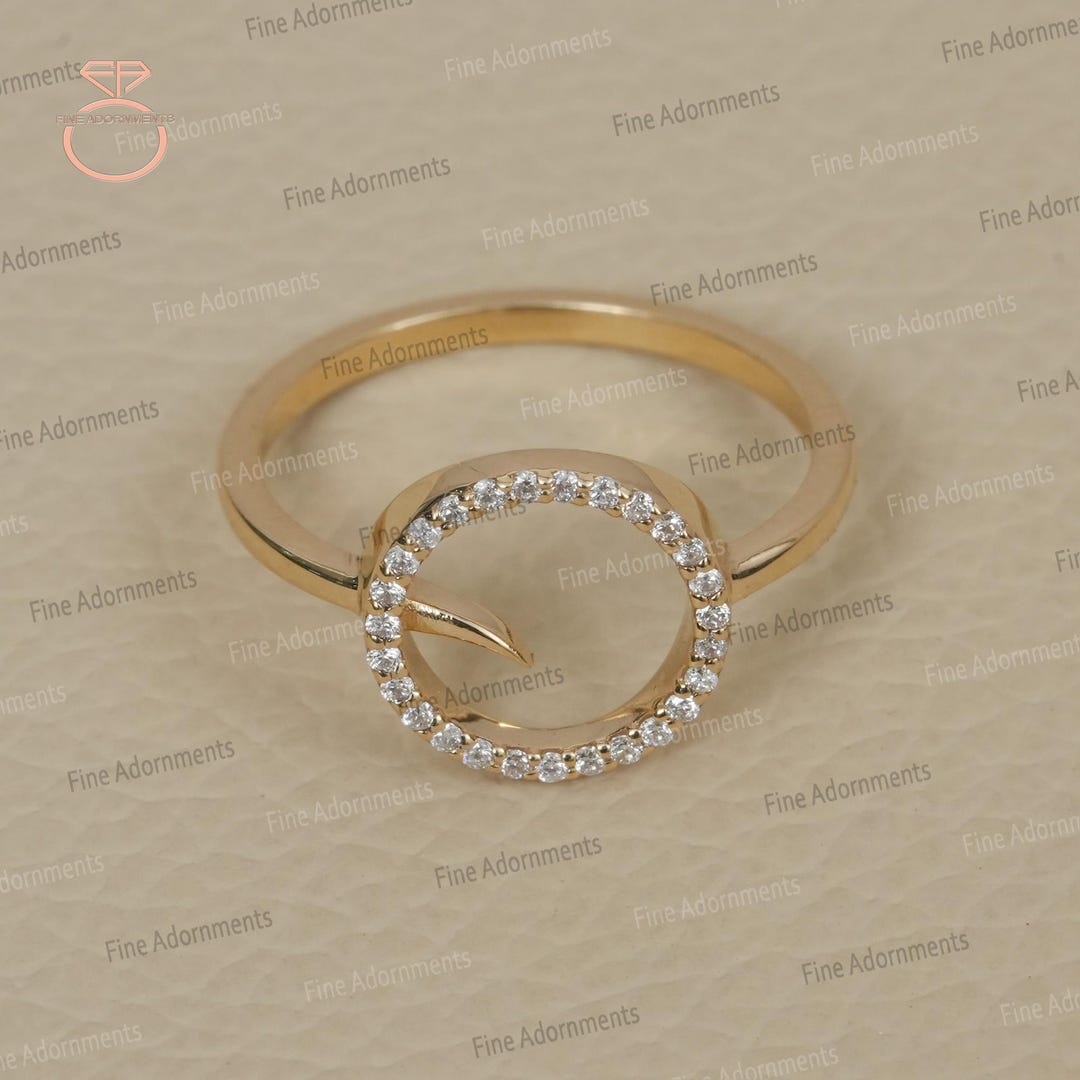 Solid 14k Yellow Gold Diamond Circle Ring Real Pave Diamond Open Circle ...