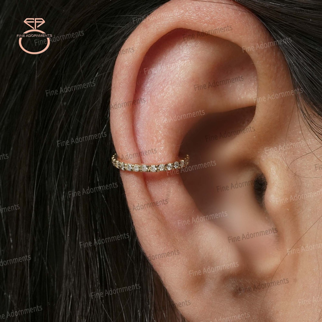 Solid 14k Gold Diamond Ear Cuff, Ear Cuff No Piercing Gold, Pave ...