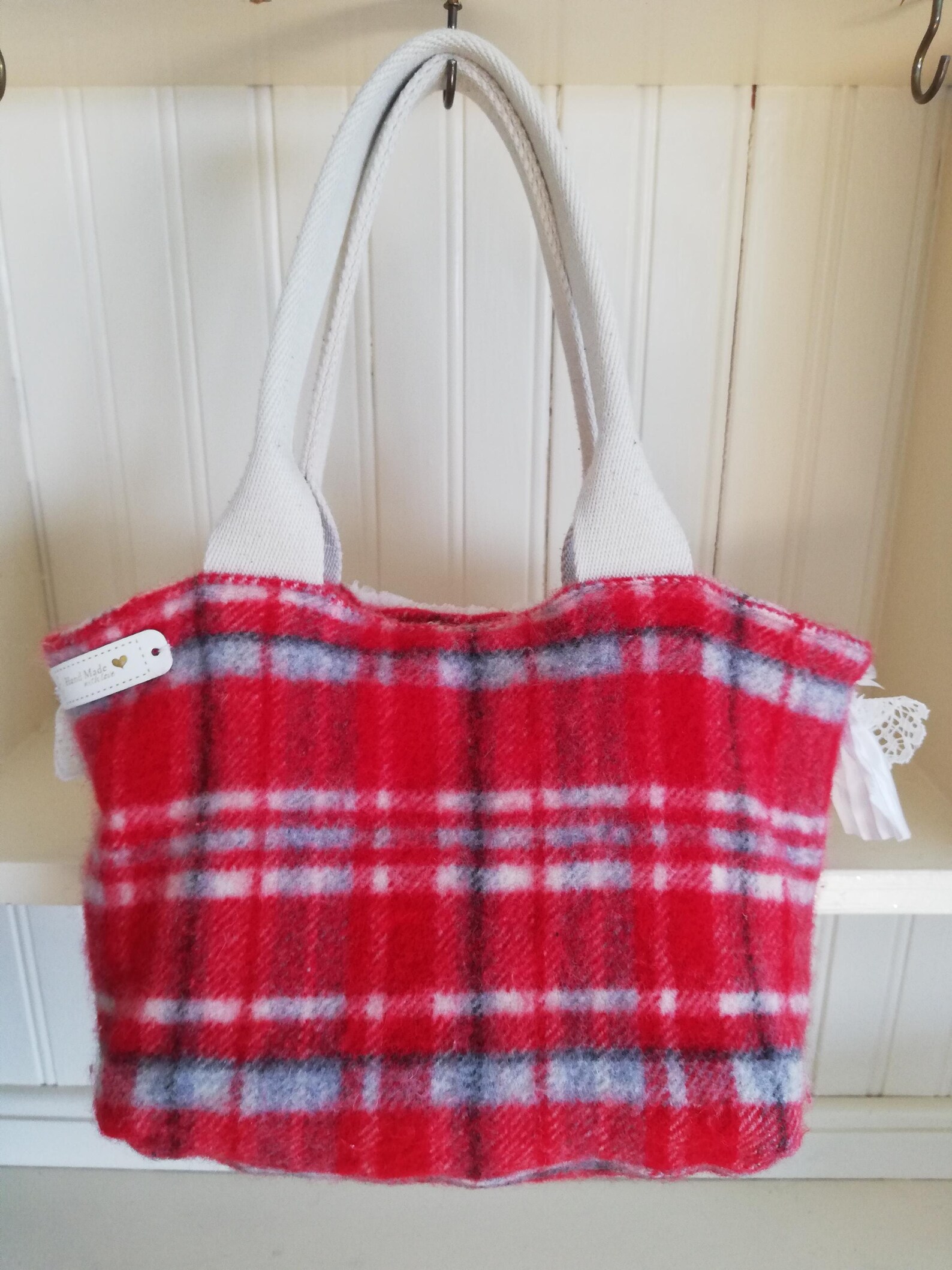 Pretty Tartan, Tweed Fabric Bag, Red and White Tweed Bag, Tweed Bag ...