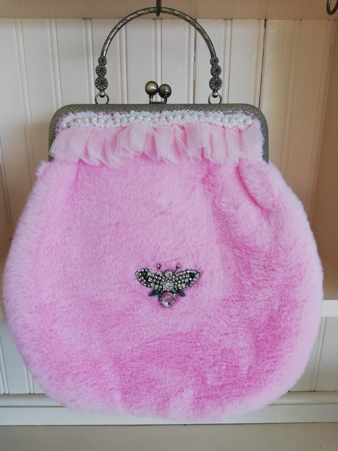 Fluffy, Pink Faux Fur Vintage Clasp Bag With Bee Brooch - Etsy