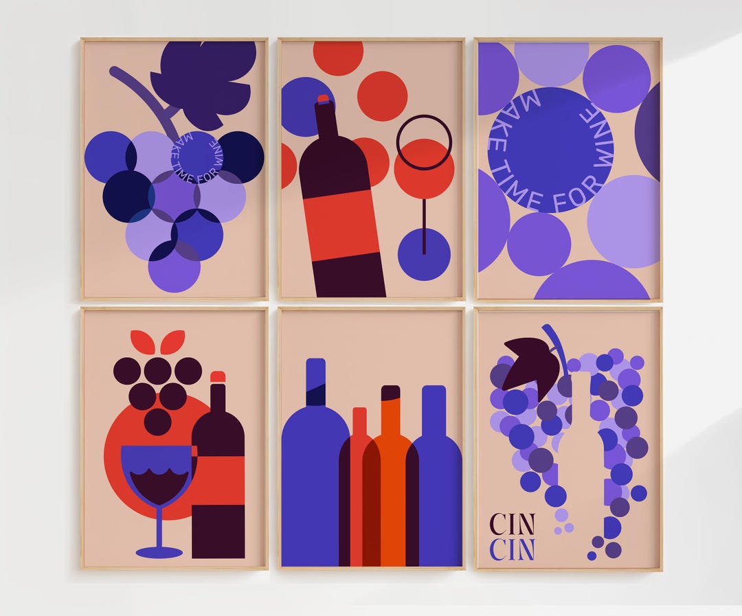 Retro Wine Art Prints, Minimalist Bar Decor, Set of 6 (digital Download ...