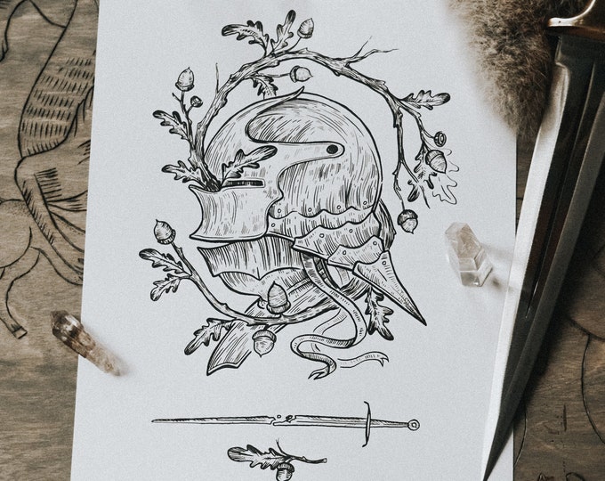 Original Drawing "acorn Knight"- Ink Illustration in Black and White ...