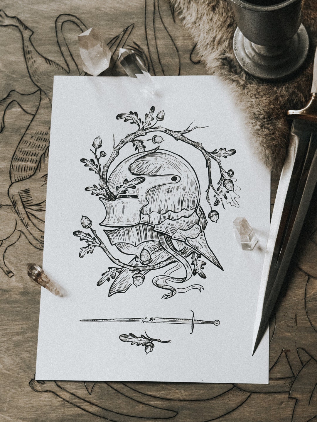 Original Drawing "acorn Knight"- Ink Illustration in Black and White ...