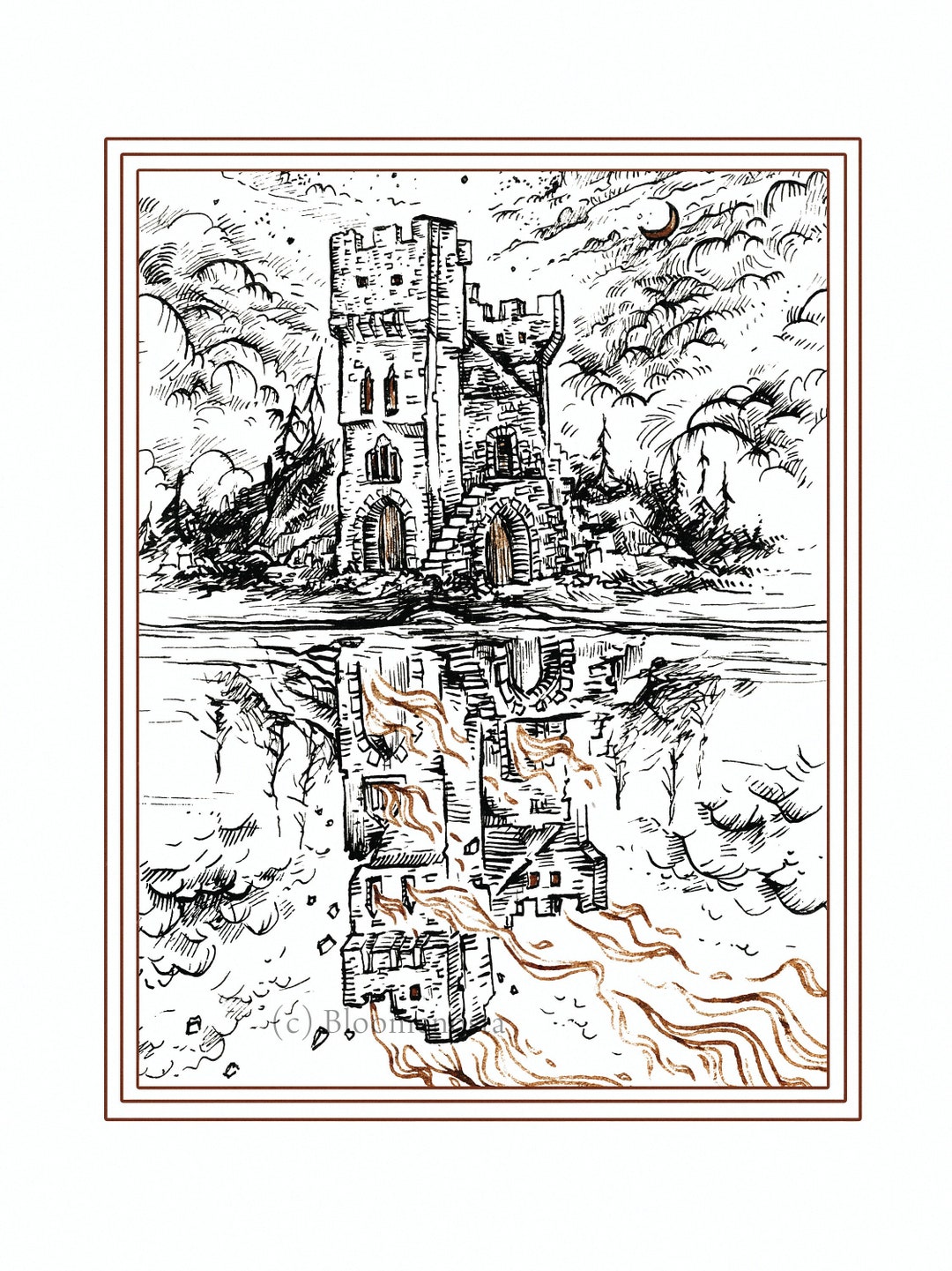 Art Tarot Card Print "xvi. the Tower" - Ink Illustration in Black and ...