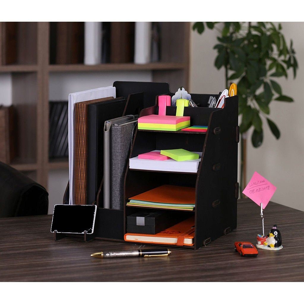 Personalized Desk Organizer, Wooden Desk Organizer With for Stationary ...