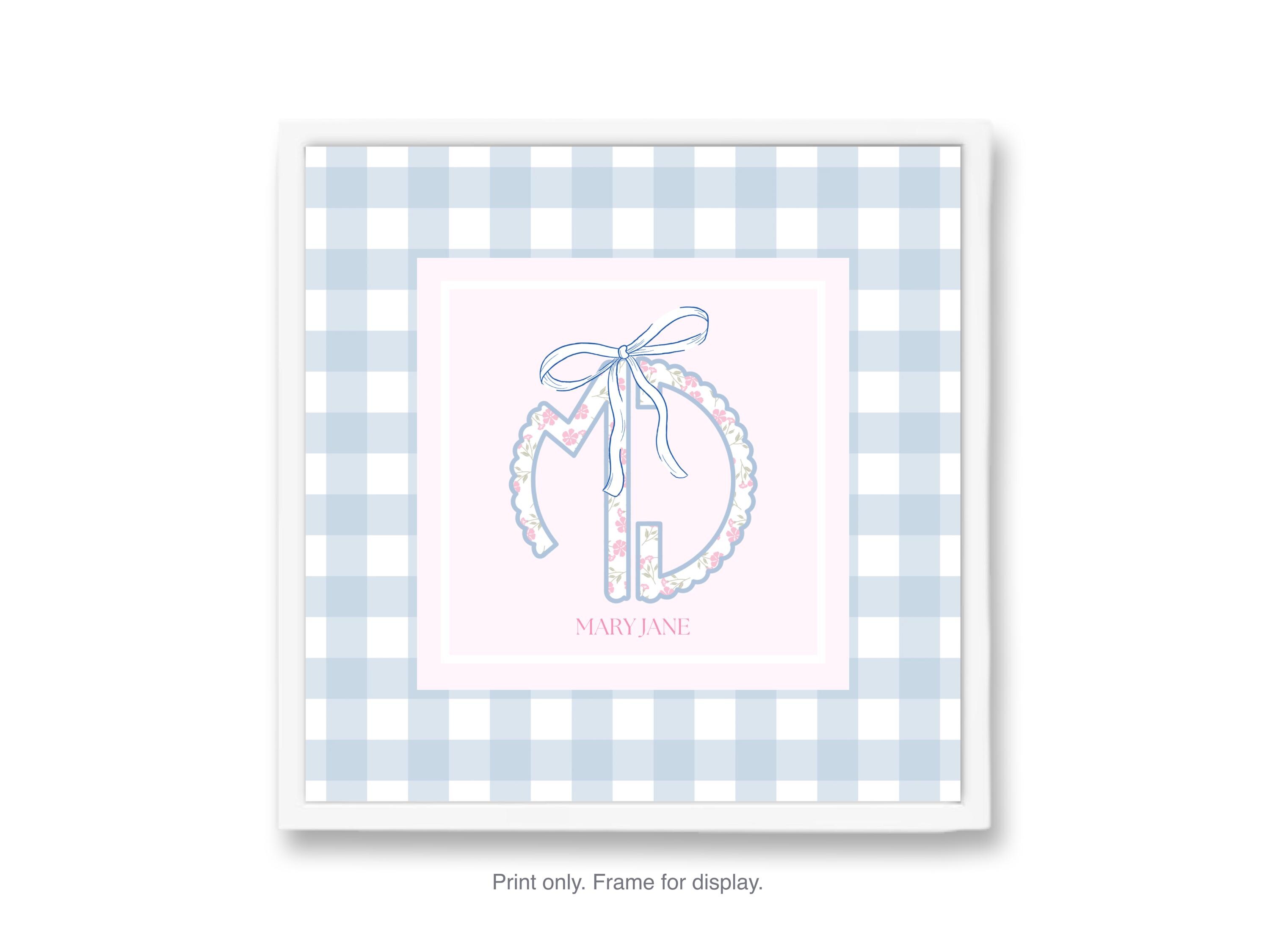 Custom Gingham Background Monogram Art Print Any Occasion Gift Preppy ...