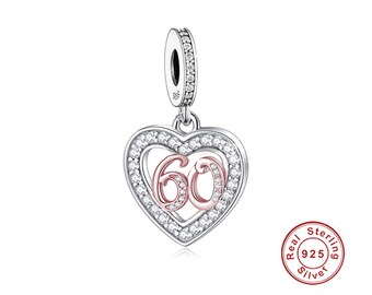 60th Birthday Charm Genuine 925 Sterling Silver & Rose Gold 60 Years ...