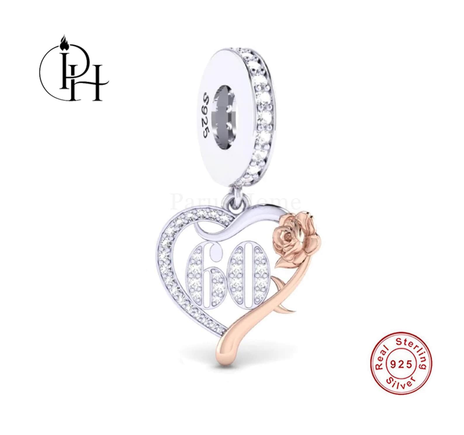 60th Birthday Charm Pandora Fitting 925 Sterling Silver & Rose Gold Mum ...