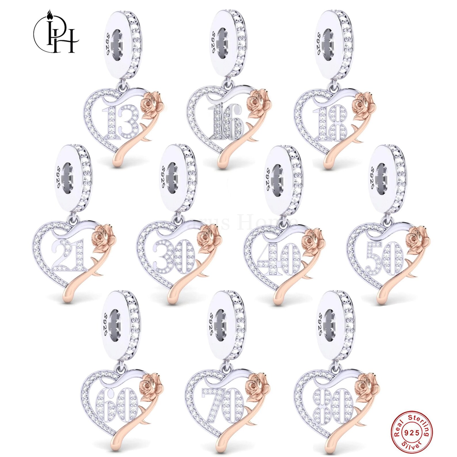 60th Birthday Charm Pandora Fitting 925 Sterling Silver & Rose Gold Mum ...
