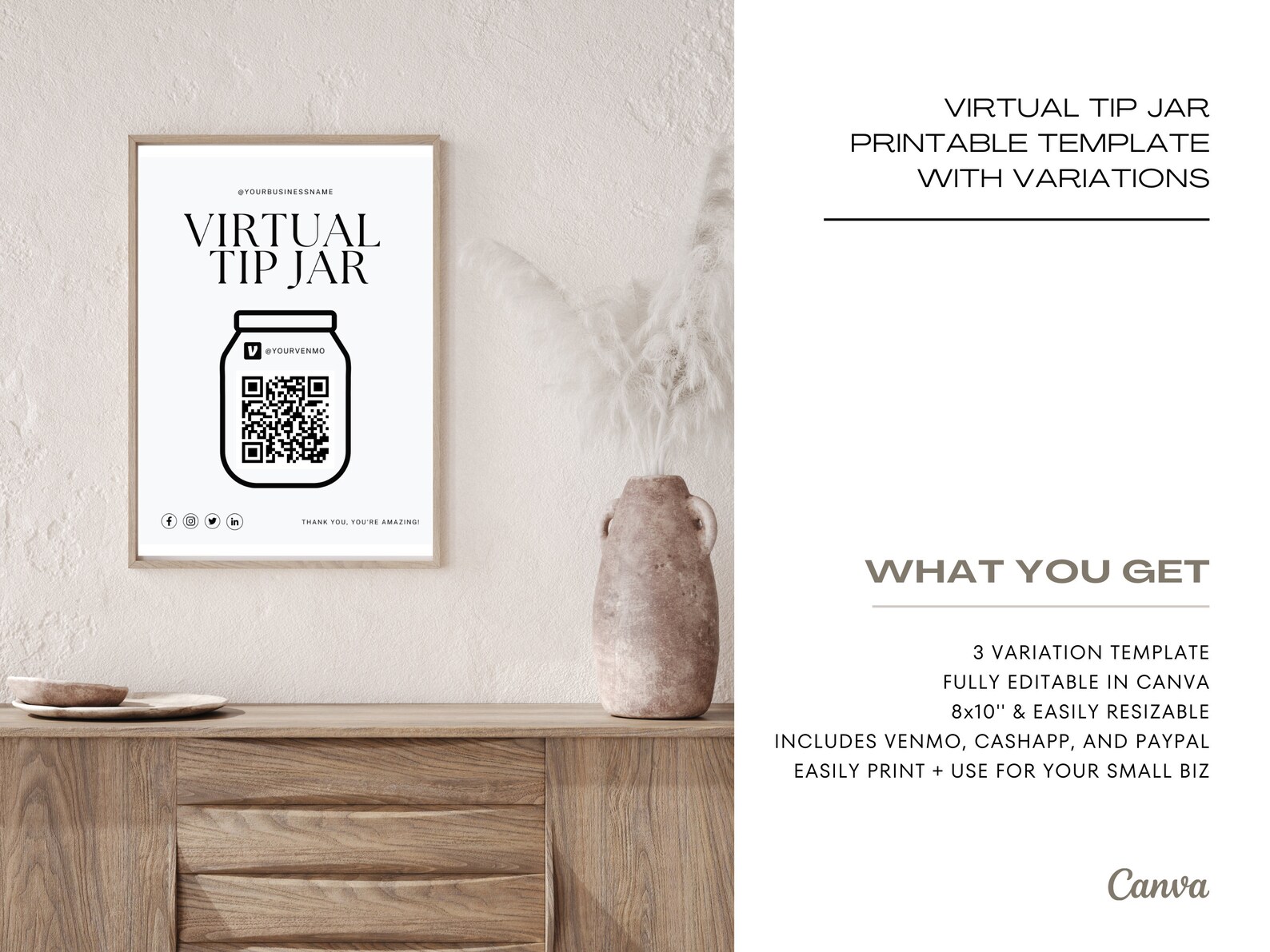 Tip Sign With QR Code Venmo Tip Sign Template Virtual Tip - Etsy