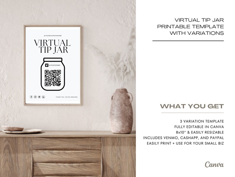 Tip Sign With QR Code Venmo Tip Sign Template Virtual Tip - Etsy