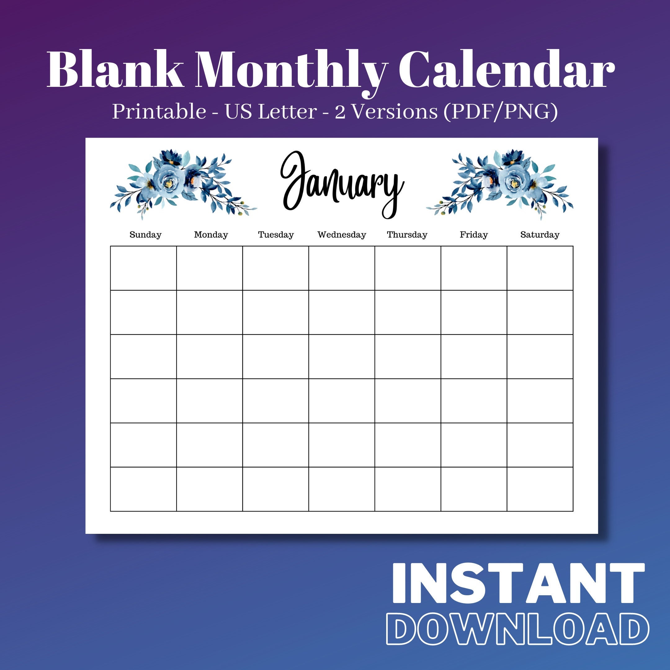 Printable Blank Monthly Calendar, 11in X 8.5in, Instant Download, PDF ...
