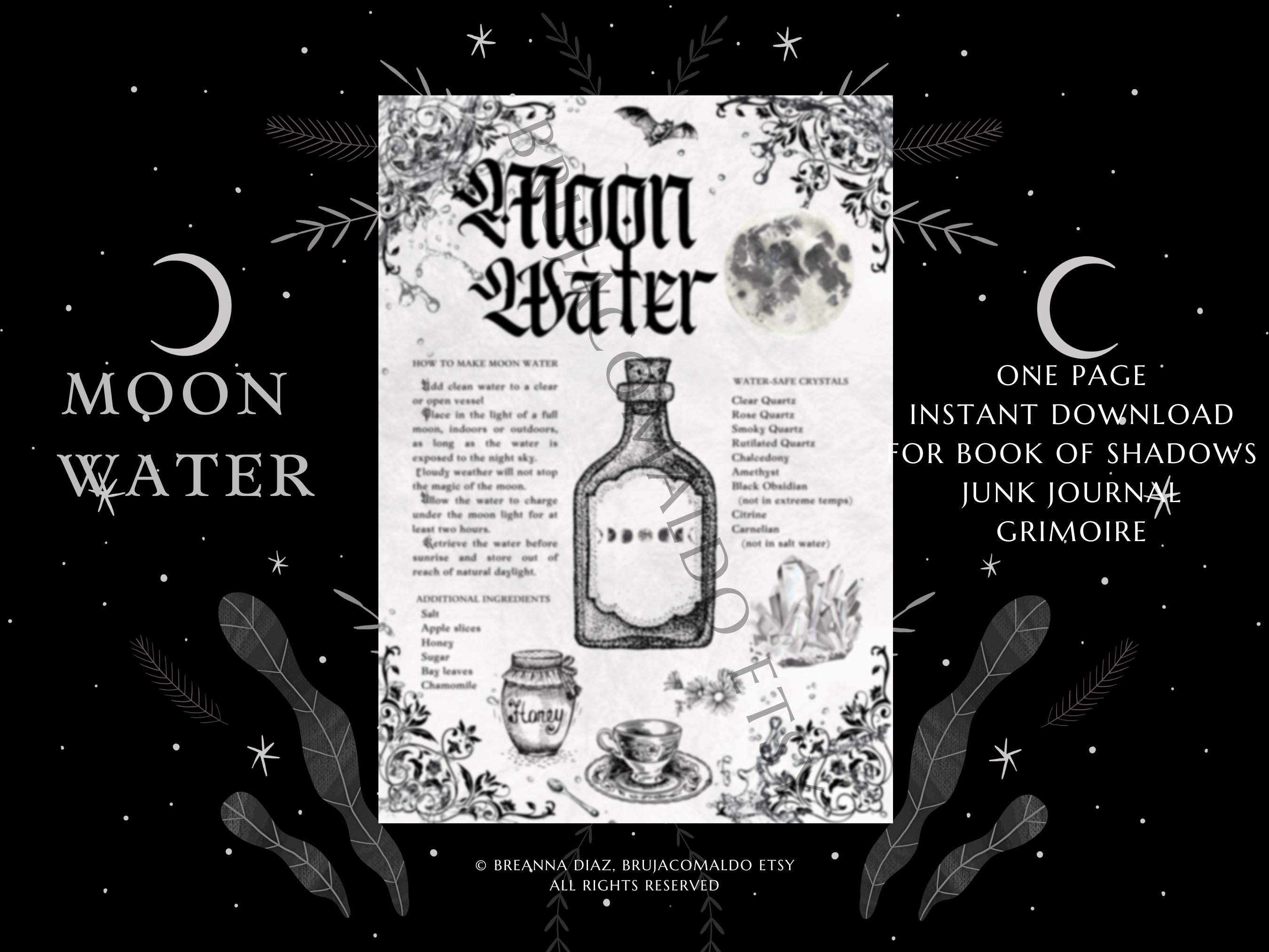 Moon Water Recipe Book of Shadows Grimoire Page Printable Instant ...
