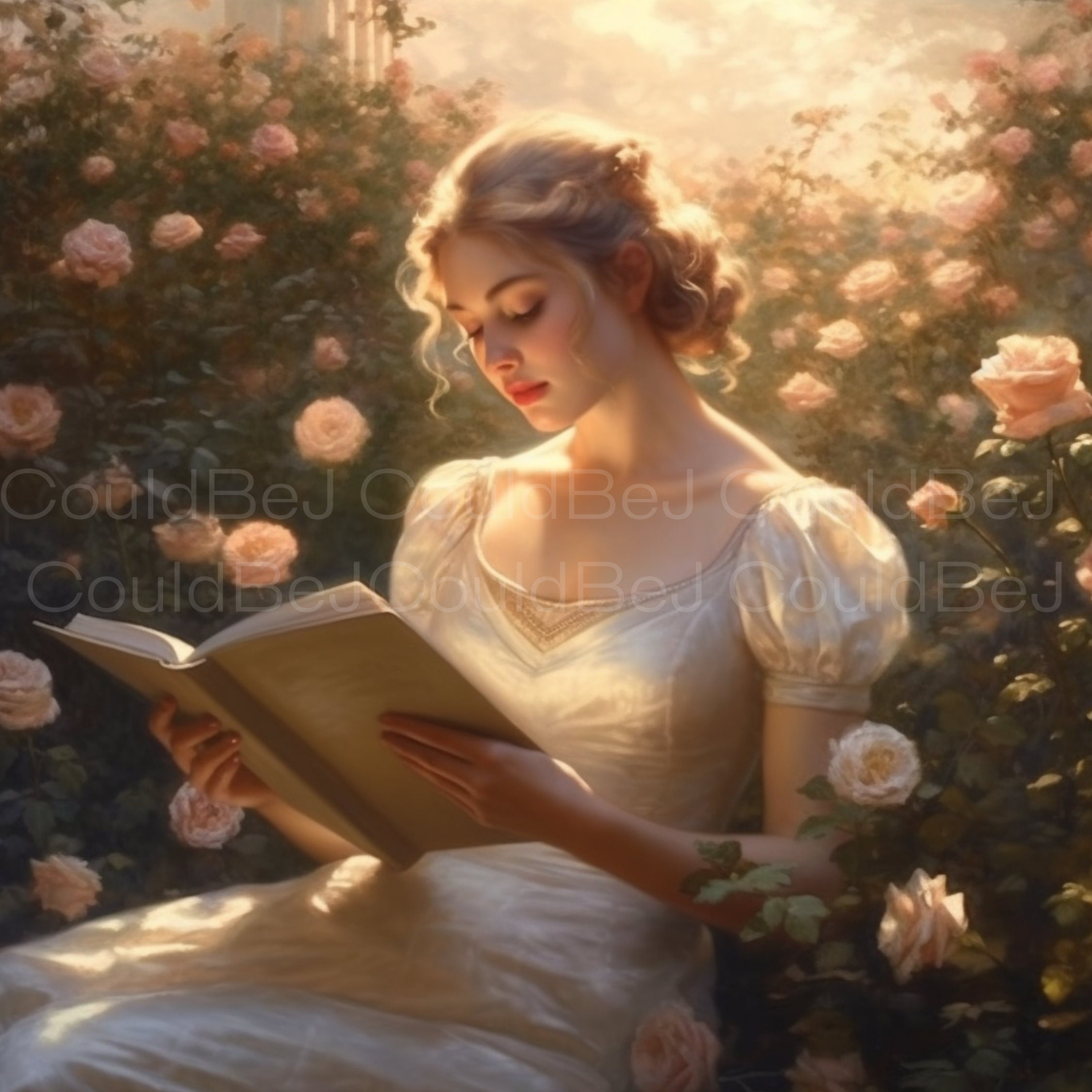 Vintage Woman Reading in Pink Roses Painting Printable Wall - Etsy