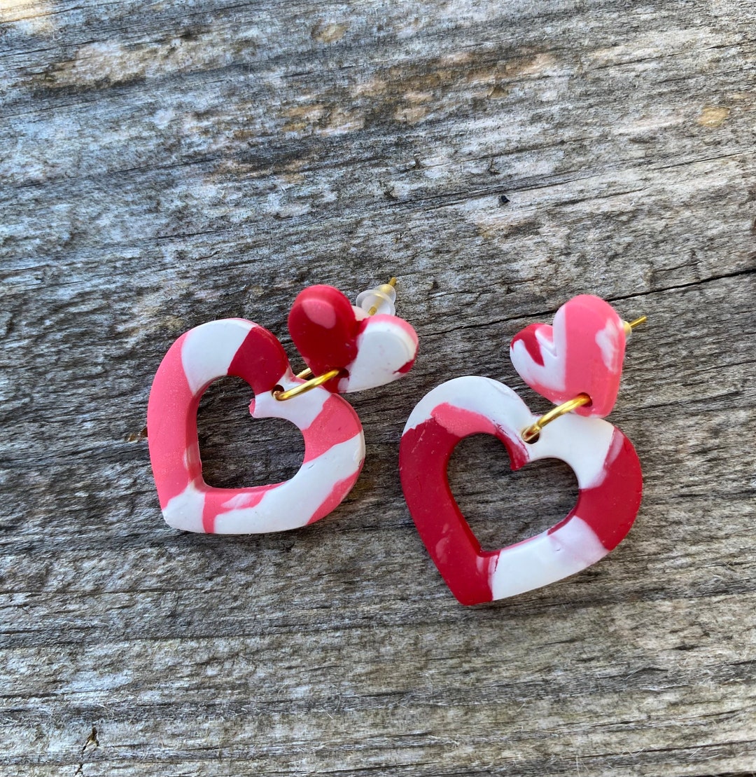 Red,pink, & White Marbled Heart Dangle Earrings - Etsy