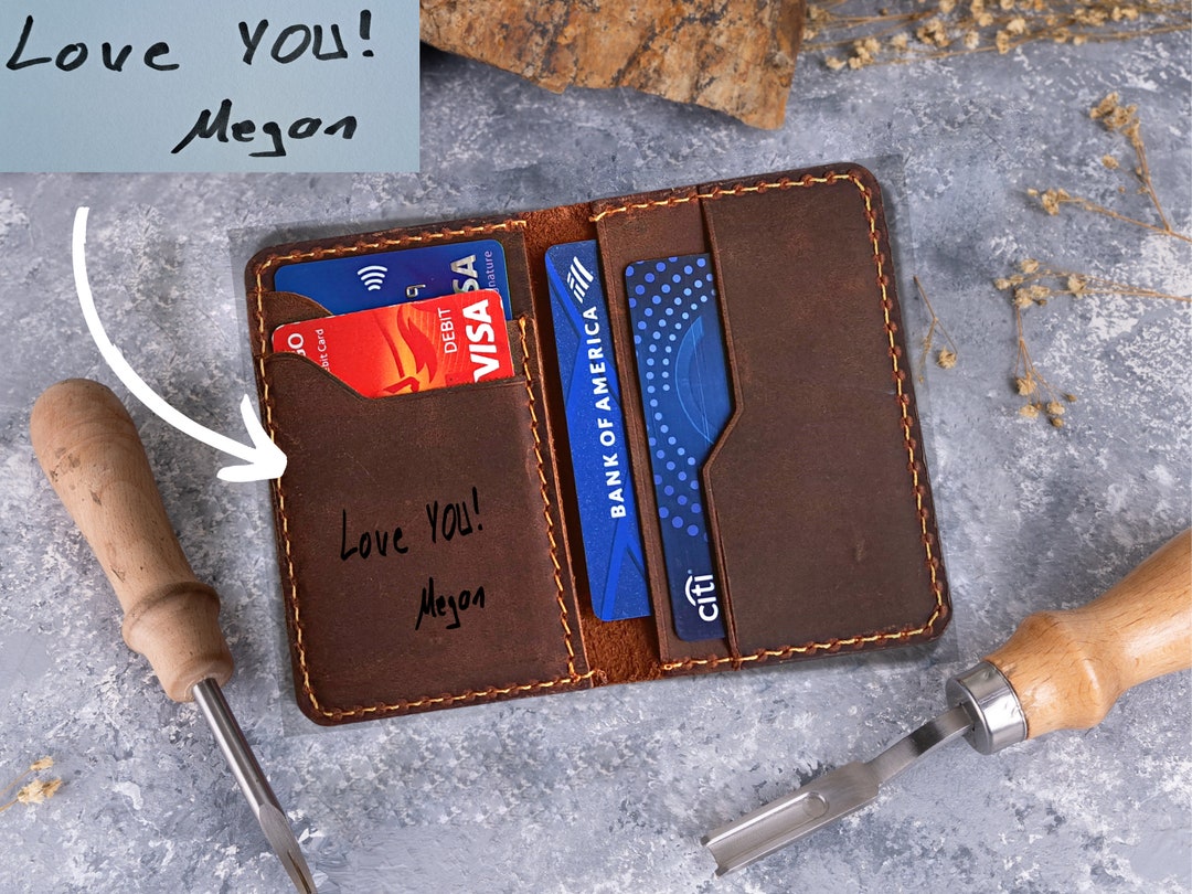 Handwriting Engraved Leather Card Holder: Personalized Bifold Wallet - Etsy