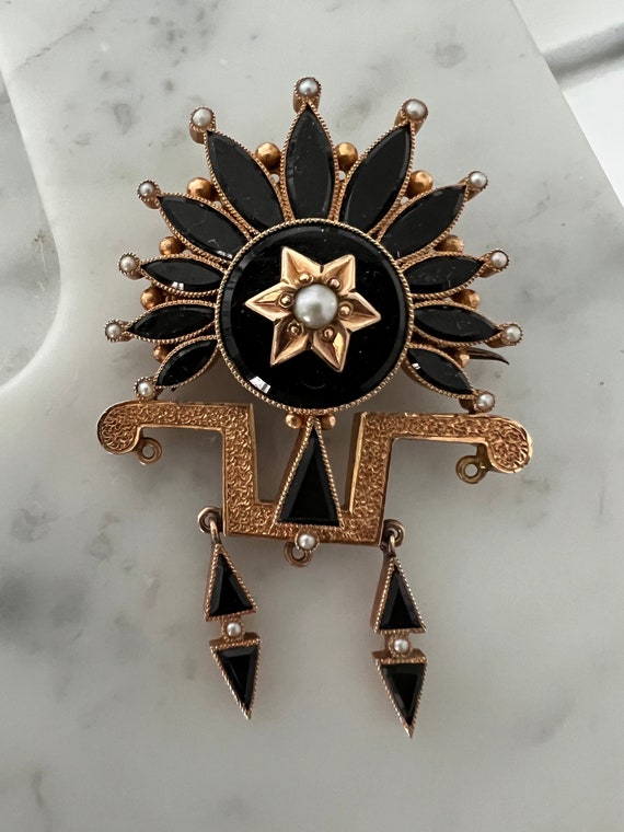 Antique Victorian mourning yellow gold set with earri… - Gem