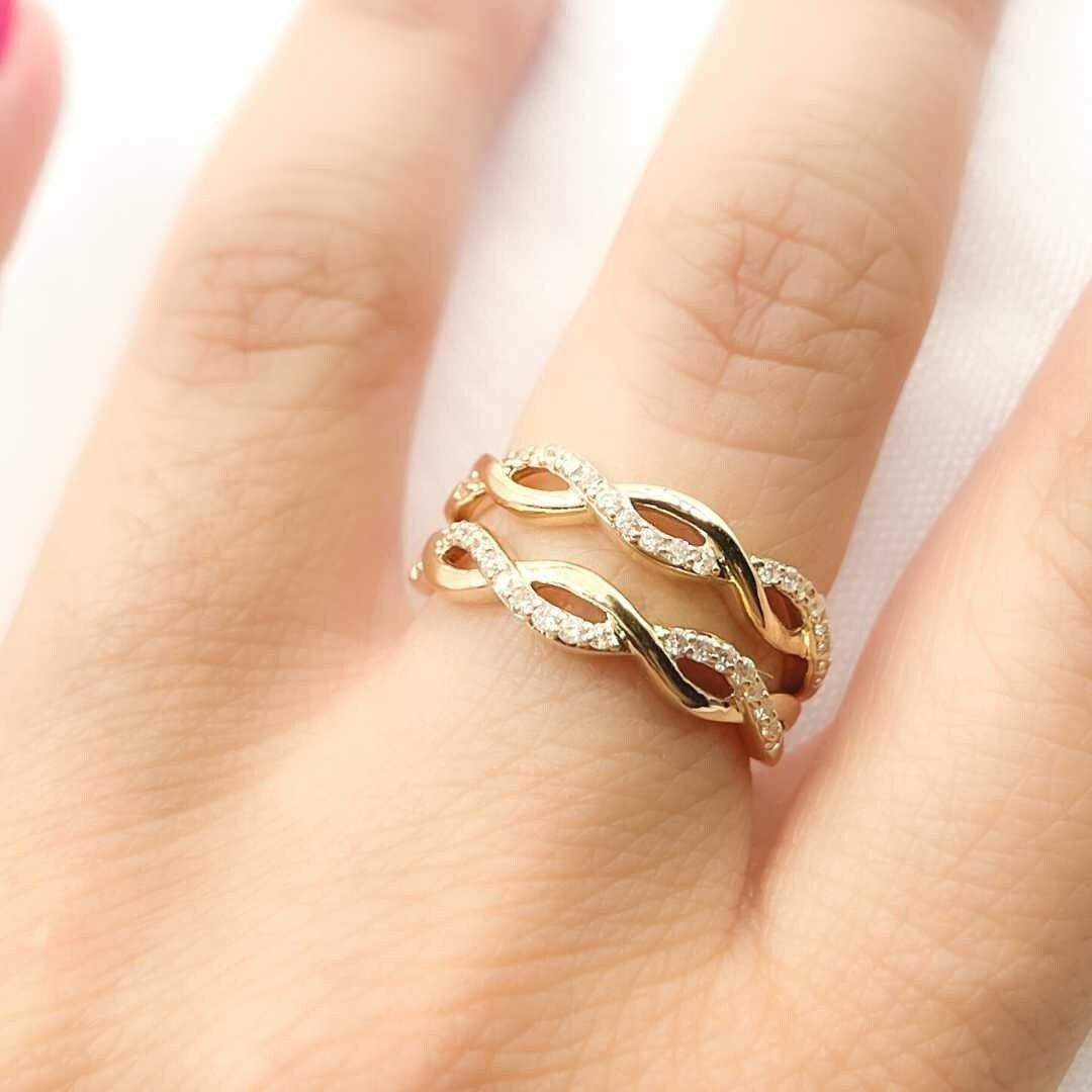 14K Solid Gold Diamond Braid Ring, Minimalist Stacking Ring, Thin Gold ...
