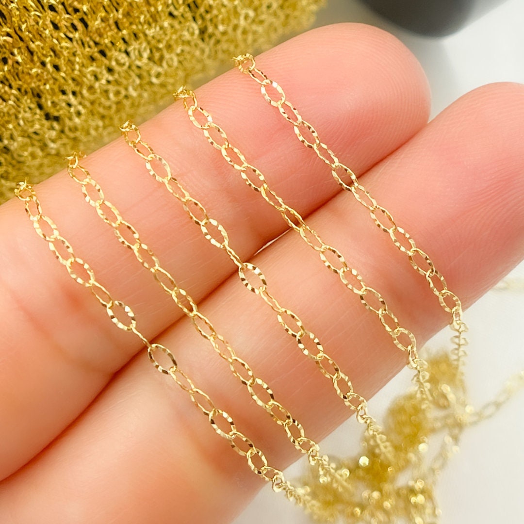 14k Solid Gold Diamond Cut Oval Link Chain, Oval Link Chain, Permanent ...