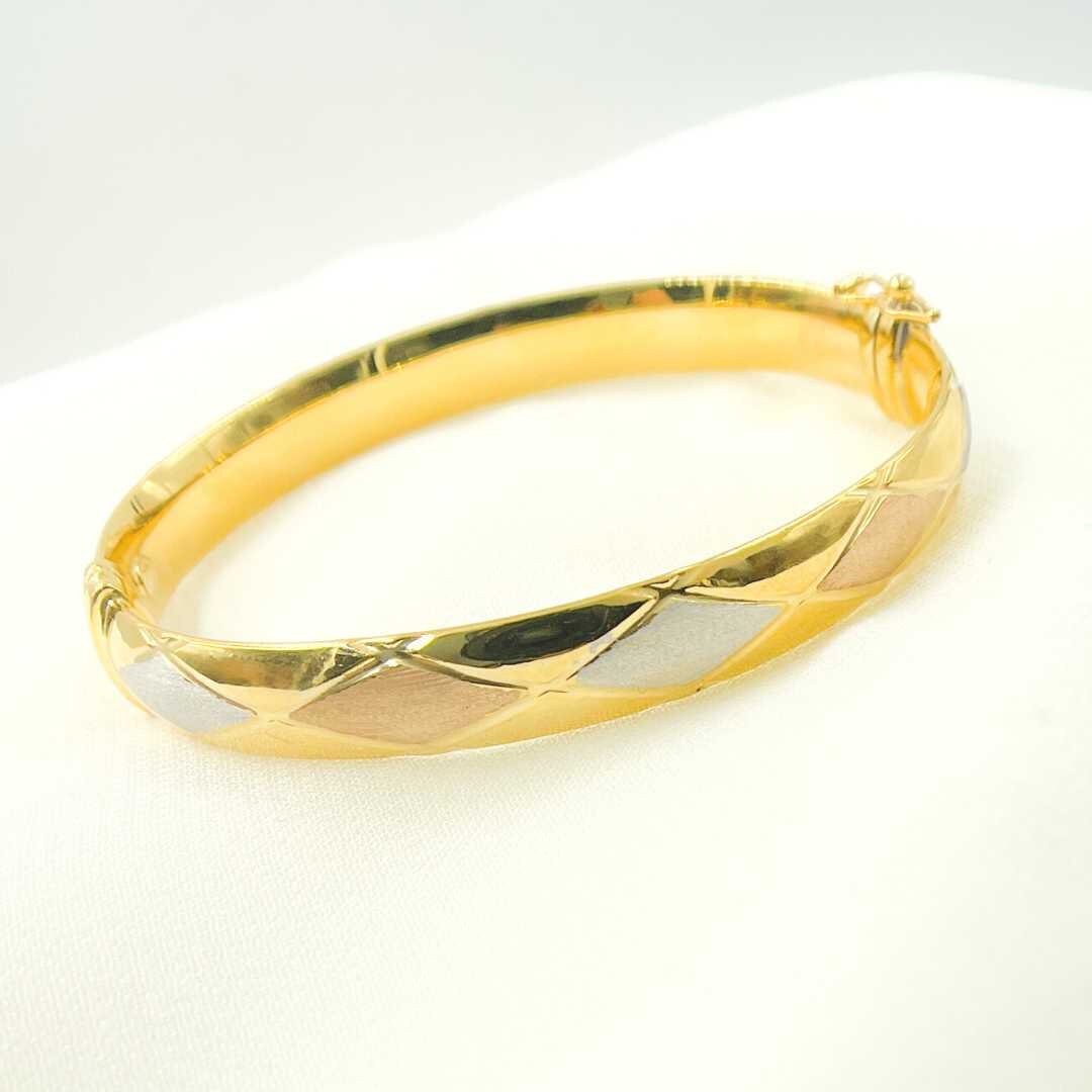 14K Solid Gold Tri-color Matte & Shinny Diamond Pattern Bangle. Tri ...