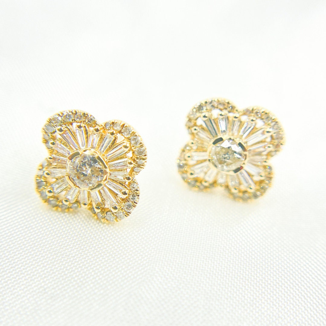 14k Solid Yellow Gold Diamond Flower Studs, Flower Studs, Diamond Studs ...