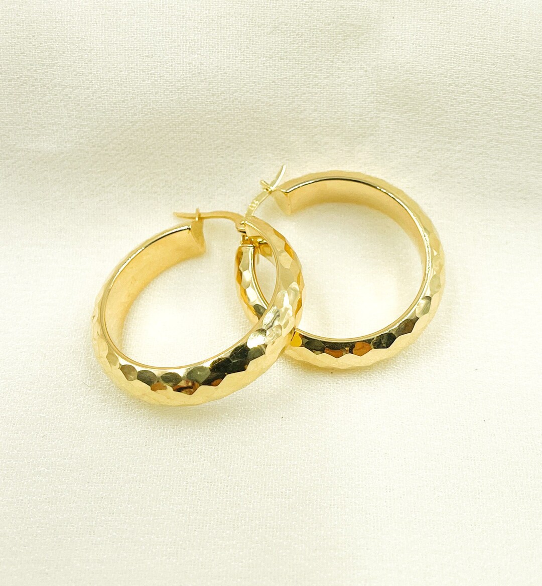 Hoop Earrings 14K Gold, Thick, Real Gold Hoops, Diamond Cut Gold Hoops ...