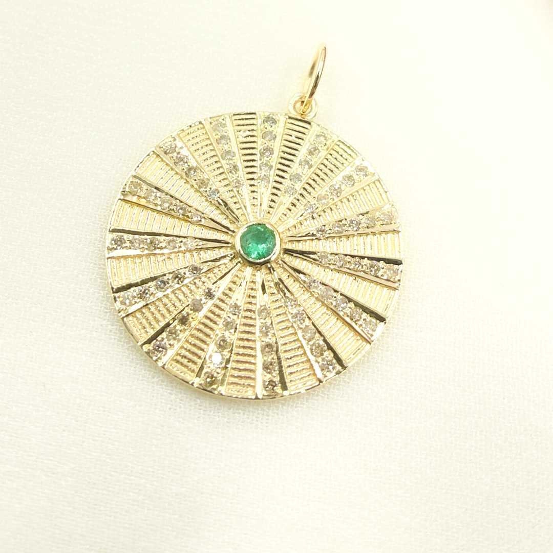 14K Solid Gold Diamond & Emerald Circle Charm, Gemstone Pendant ...