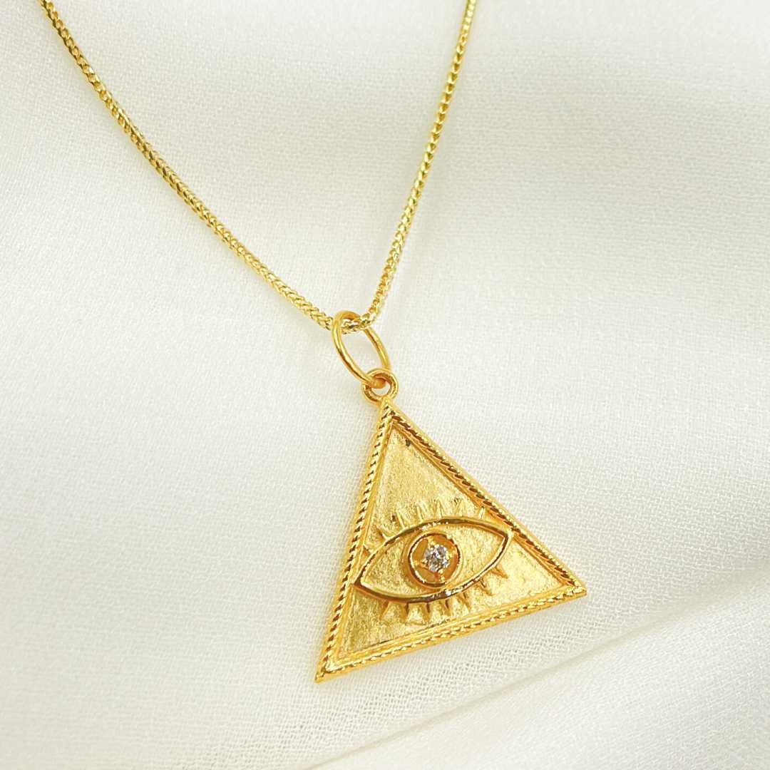 14K Solid Gold Charm, Triangle Evil Eye Pendant With Diamonds, Triangle ...