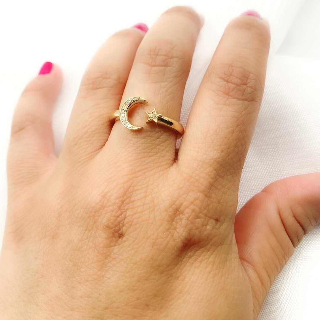 14K Solid Gold Diamond Moon & Star Ring, Minimalist Stacking Ring, Moon ...