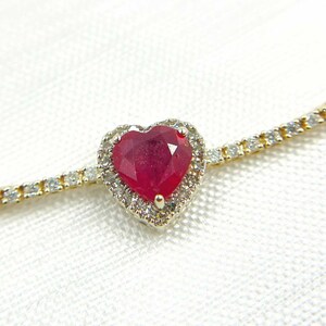 14K Solid Gold Diamond Bracelet Ruby Heart, Diamond Bracelet in 14K ...