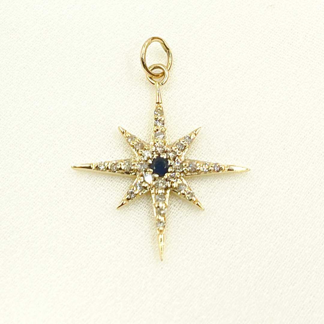14K Solid Gold Diamond and Blue Sapphire Star Charm, Star Diamond ...