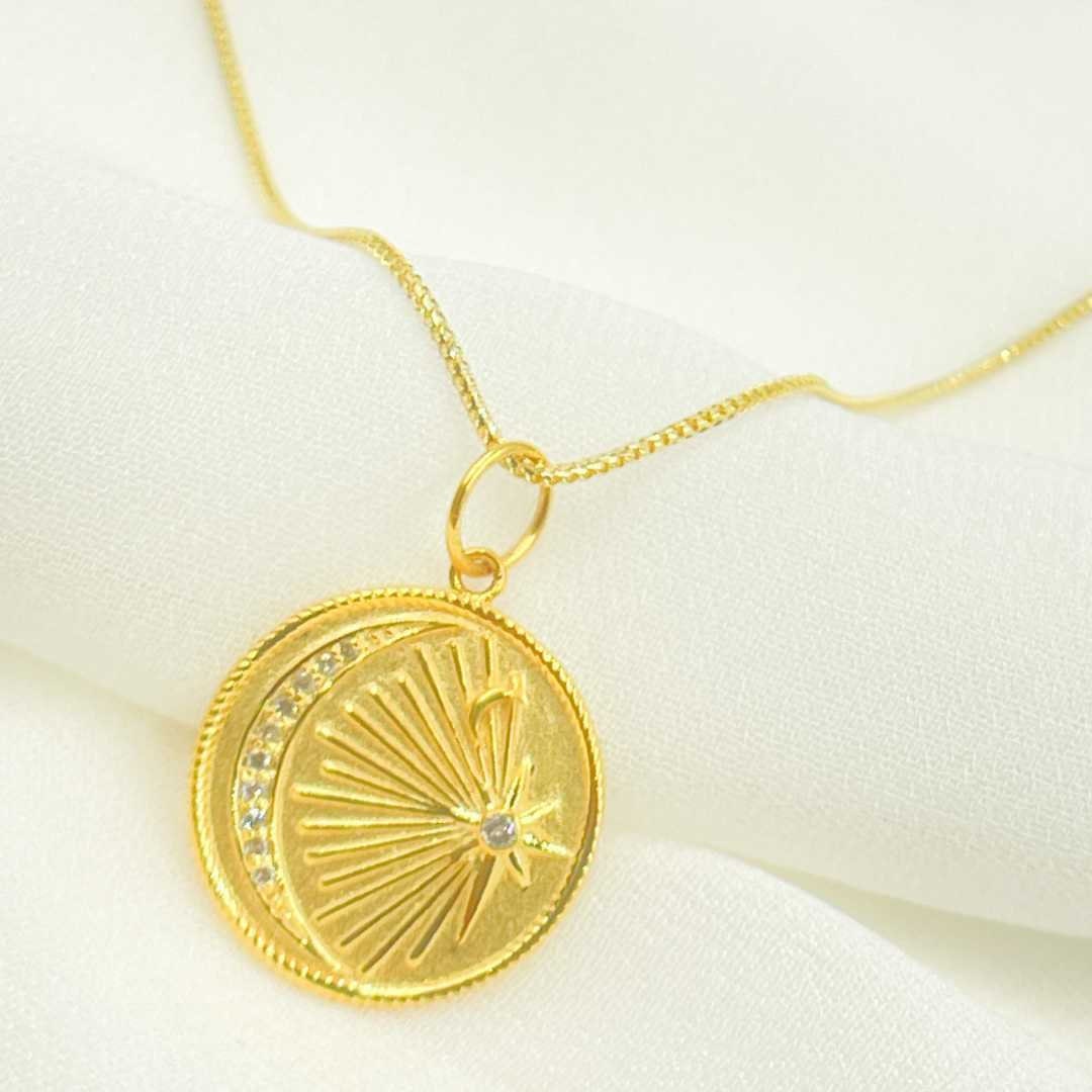 14K Solid Gold With Diamonds Circle Shape Charm With Moon and Star in ...