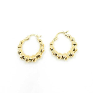 Hollow 14K Gold Hoop Earrings, Ladies Gold Hoops, Textured Hoop. Round ...