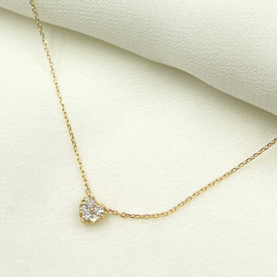 14k Solid Gold Tiny Diamond Heart Necklace, Minimal Diamond Necklace ...