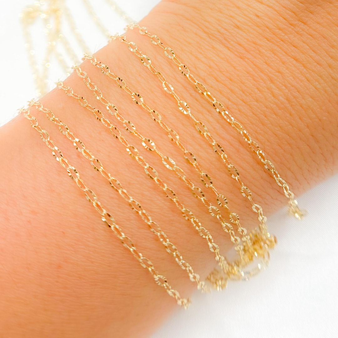 14k Solid Gold Diamond Cut Oval Link Chain, Oval Link Chain, Permanent ...