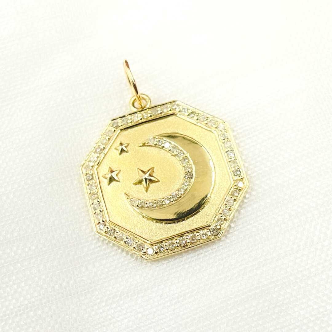 14K Solid Gold Diamond Octahedron Charm With Moon and Stars. Octagon ...