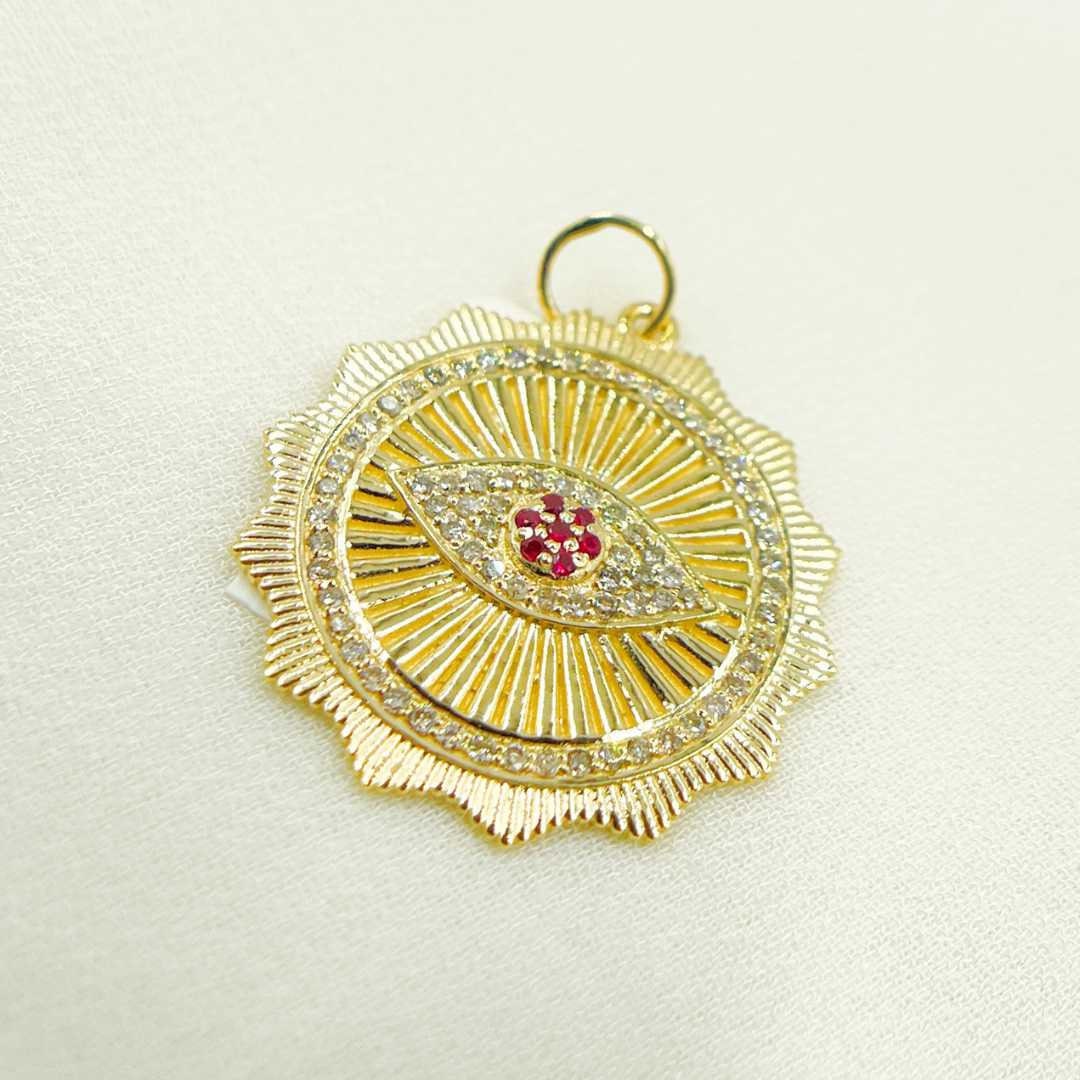 14K Solid Gold Diamond & Ruby Evil Eye Charm, Gemstone Pendant, Ruby ...