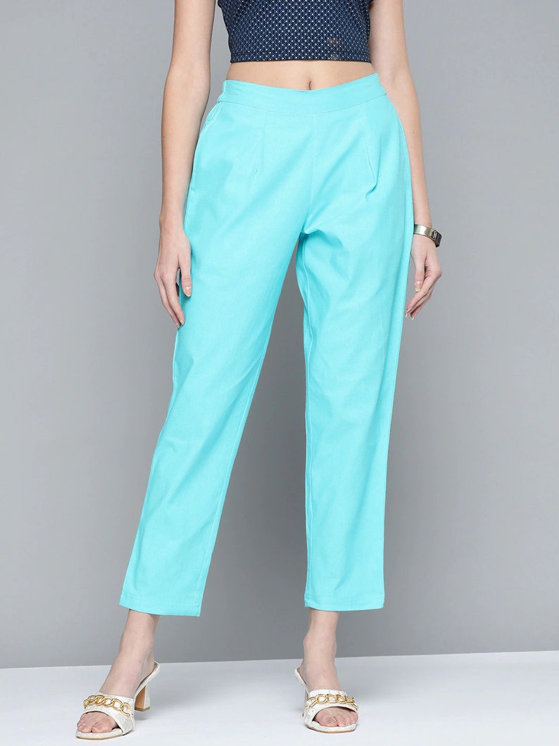 Women Cotton Flex Turquoise Blue Pants, Solid High-rise Pants, Cotton ...