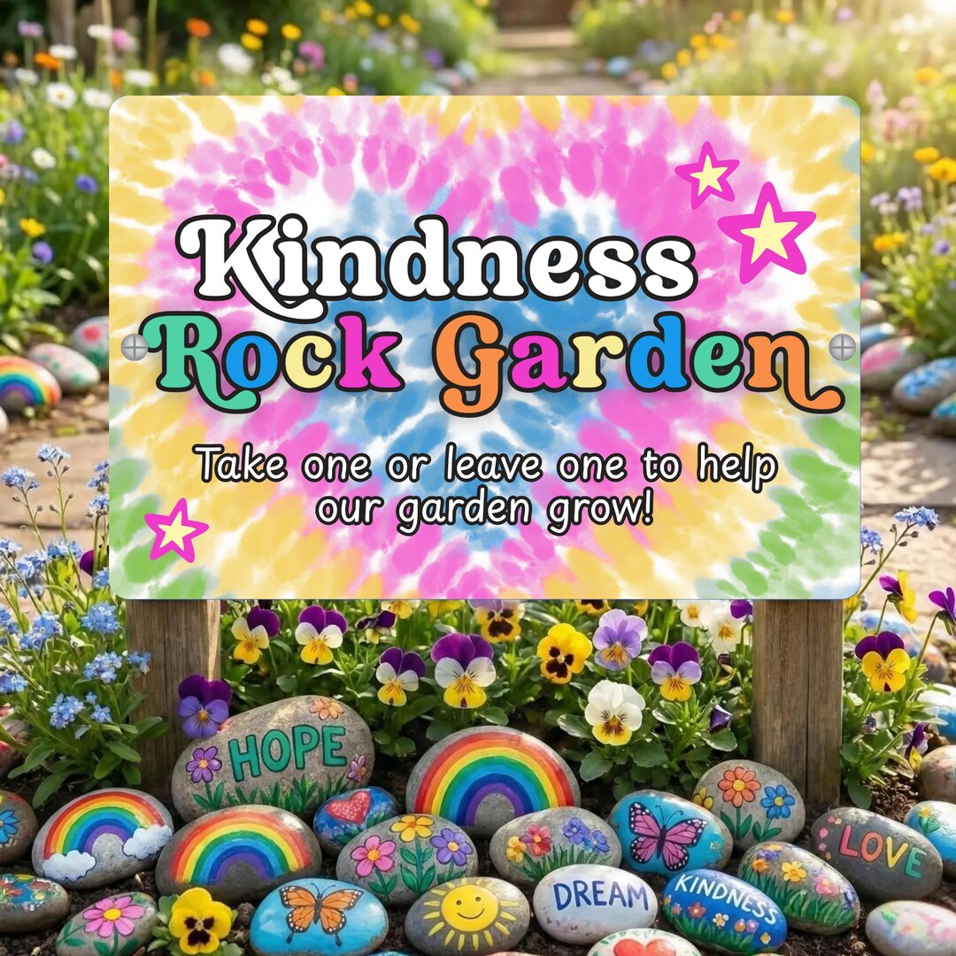 Kindness Rock Garden Sign, Painted Rocks Sign, Tie-dye Outdoor Rated ...