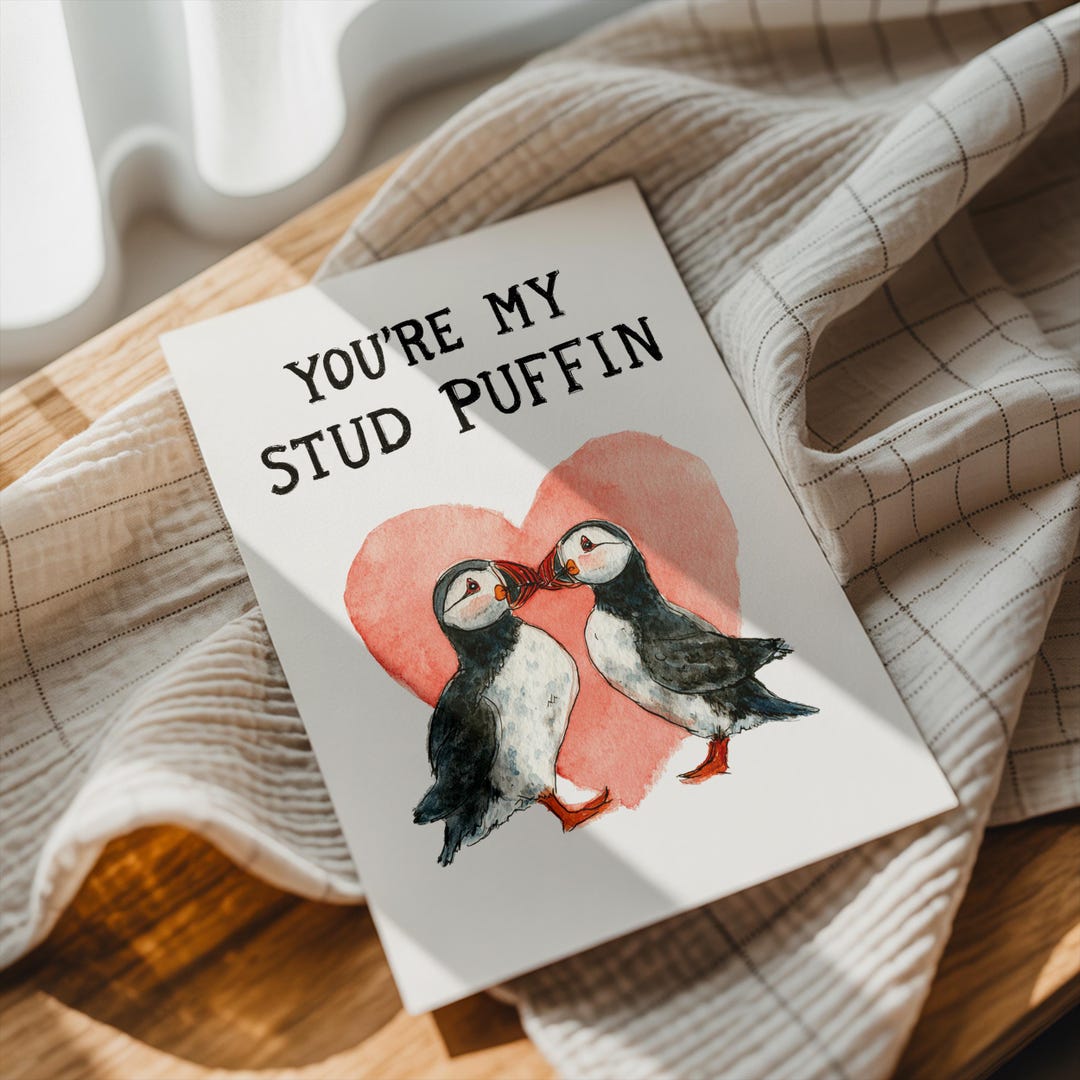 Stud Puffin Valentines Day Card, 5x7 Anniversary Gift, Gift for Coastal ...