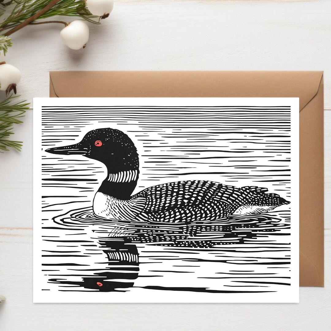 Common Loon Linocut Greeting Card A2 Size, Black and White Wildlife Art ...