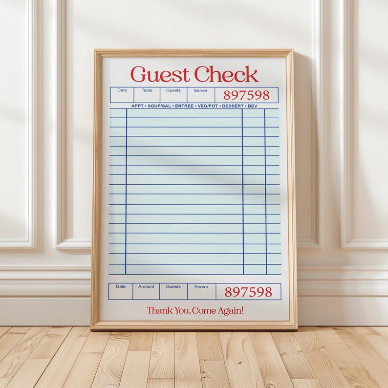 Blank Guest Check Art Print Trendy Wall Art Guest Check Print Digital ...